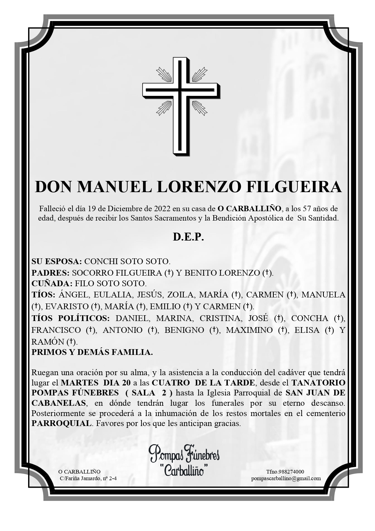 Falecemento de D Manuel Lorenzo Filgueira - 57 anos - BadalNovas